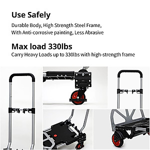 Transform Hand Truck by ROTIHOMESYS, Folding Portable Flatbed Hand Cart Trolley, Utility Dolly Cart, Foldable for Easy Storage and Low Noise Swivel Wheels with 330lb Weight Capacity (Black)