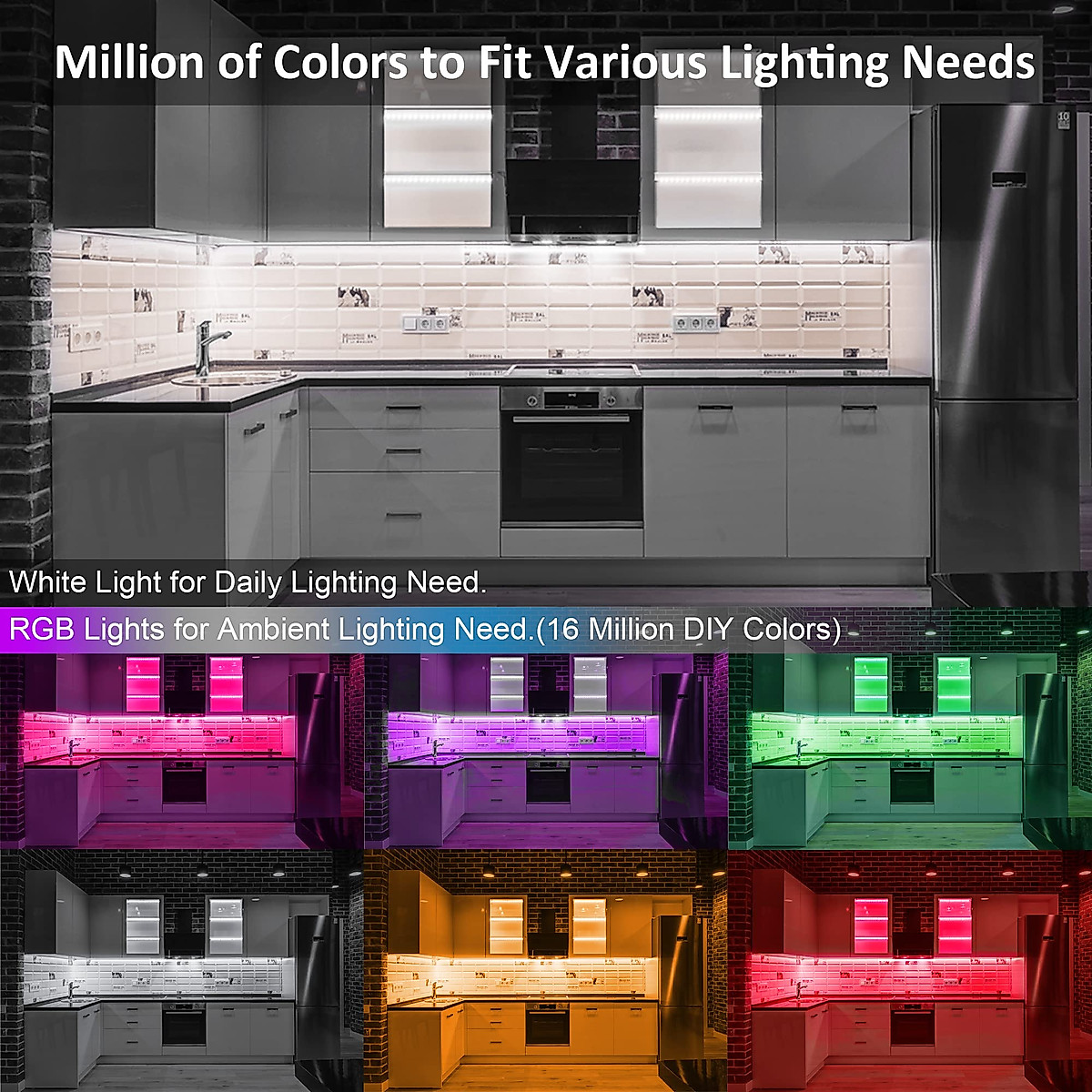 Benreom 3 Pcs RGB Under Cabinet Lights Kit, Smart App and Remote Control Under Cabinet Lighting, Dimmible Under Counter Lights for Kitchen, Plug in LED Lights for Cabinet, Counter, Workbench, Desk