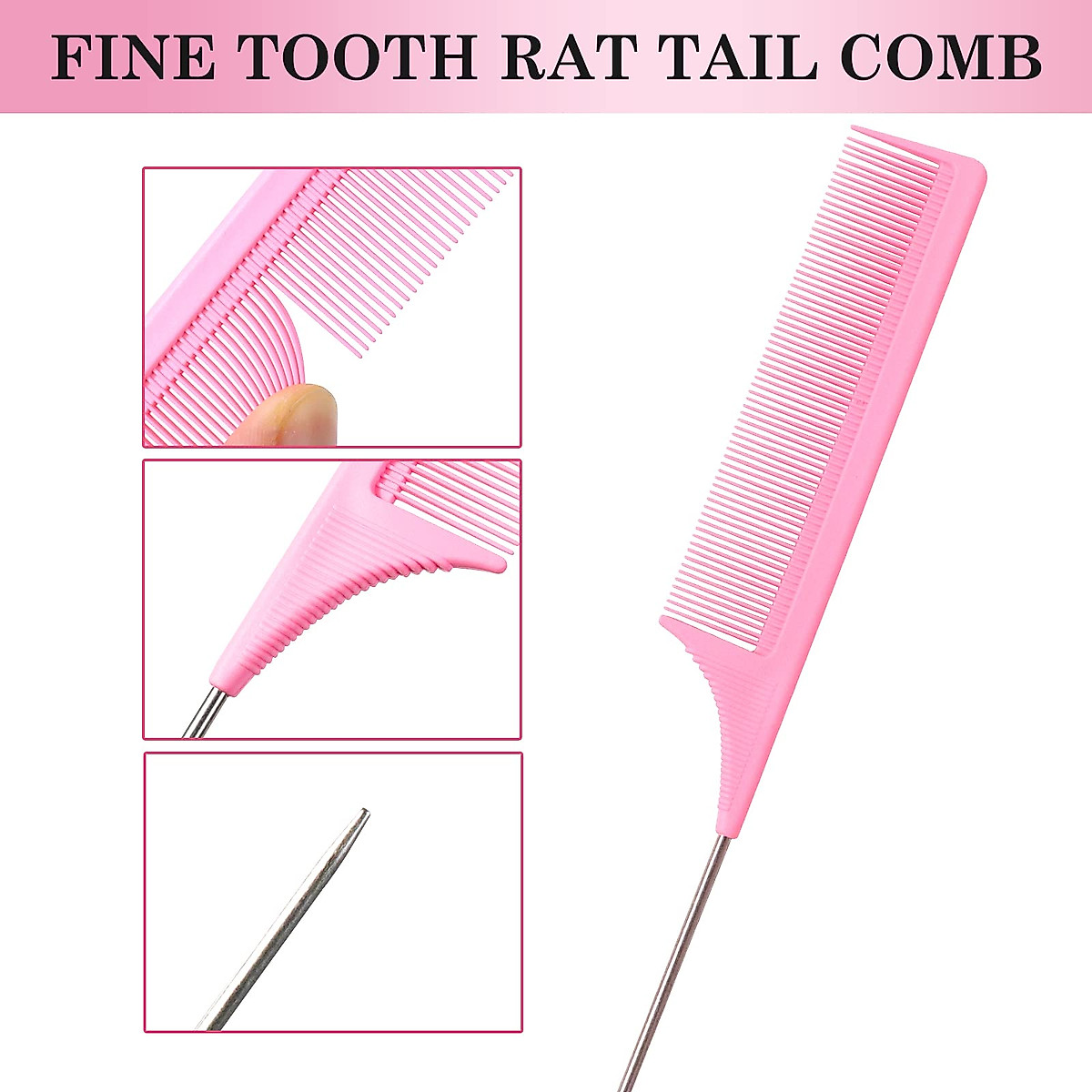 Sularpek 3 Pieces Slick Brush Set Bristle Hair Brush, Teasing Brush Edge Brush, Rat Tail Comb, for Edge & Back Brushing, Combing Slicking Hair for Women Girls (Pink)