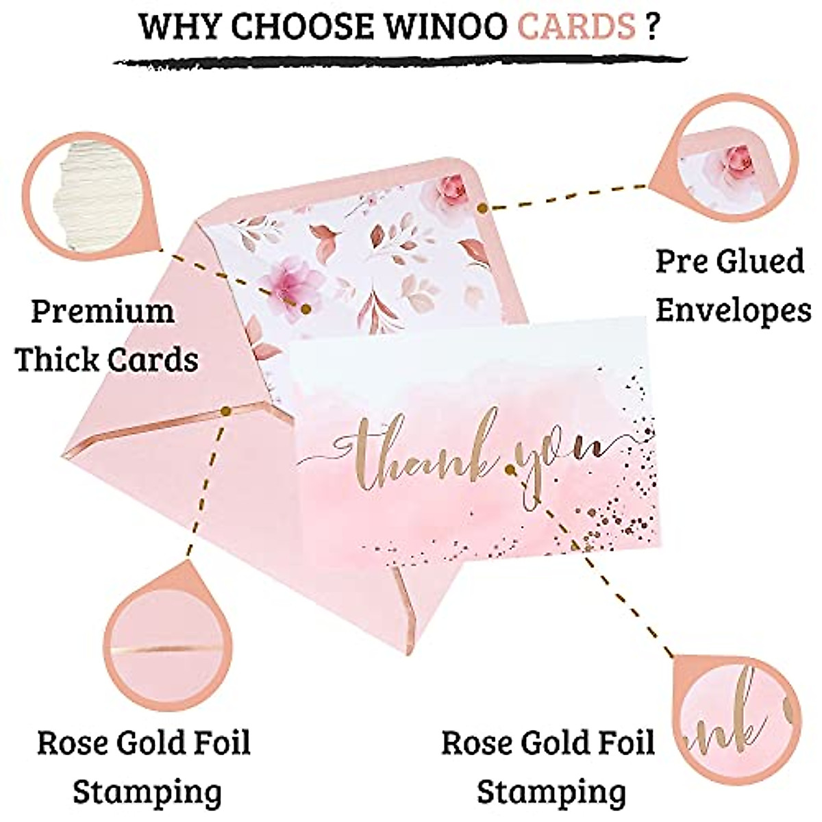 Winoo Design Heavy Duty Rose Gold and Pink Thank You Cards with Envelopes - 36 PK - 4x6 Bridal Shower Thank You Cards Baby Shower Baby Girl Thank You Notes for Wedding Birthday