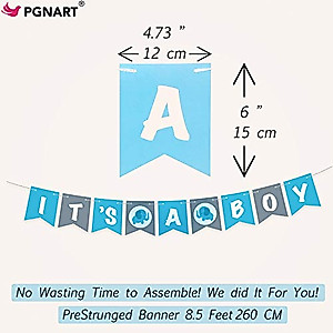 PGNART Baby Shower Decorations for Boy Table Decorations Blue Centerpiece Sticks Photo Props It's A BOY Banner OH Baby Balloon Mom to Be Sash Backdrop Lanterns Honeycomb Fan Poms White Grey Silver Kit