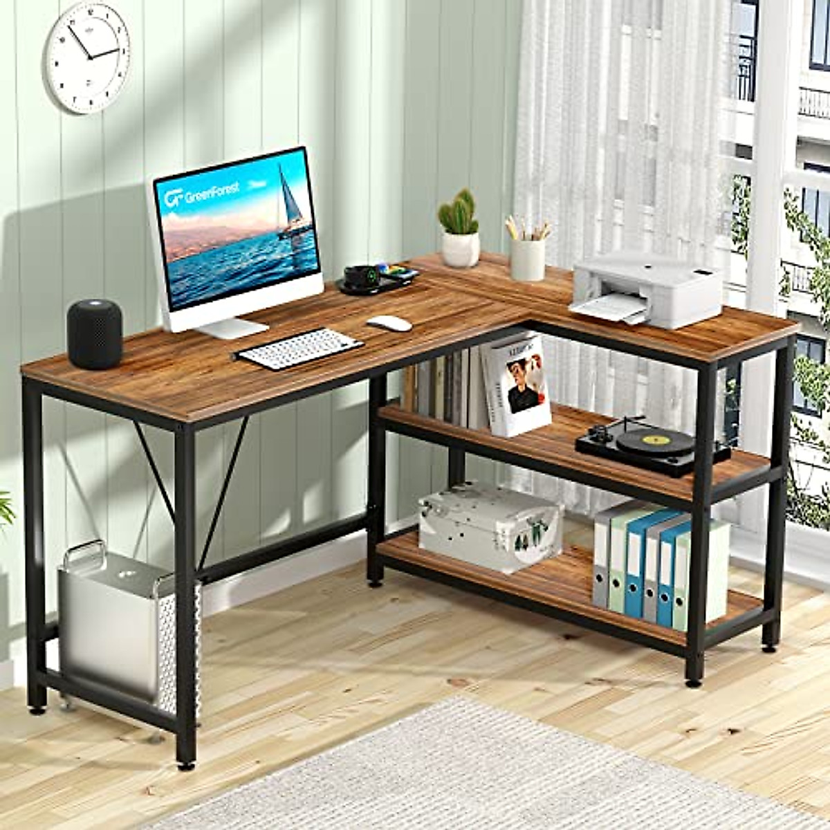 GreenForest L Shaped Desk 55x39.4 inch Large Reversible Corner Gaming Computer Desk with Storage Shelves for Home Office PC Workstation Laptop Table, Walnut