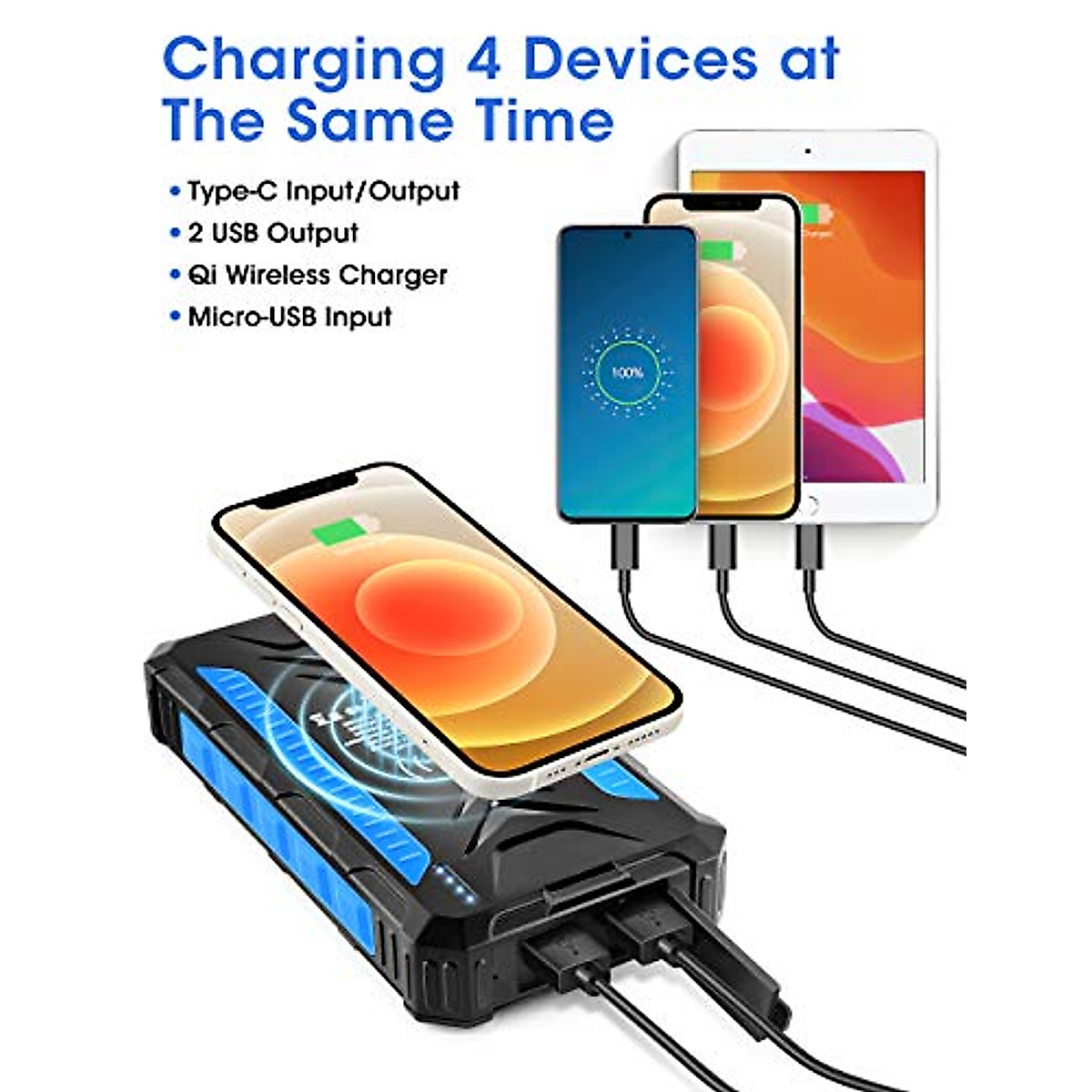 Solar Power Bank 36000mAh, Qi Wireless Charger, DJROLL Portable Solar Charger with Dual USB & Type-C Port 5V/3A Output, IP66 Waterproof Powerbank, Flashlights Cell Phone Charger for Camping Outdoor