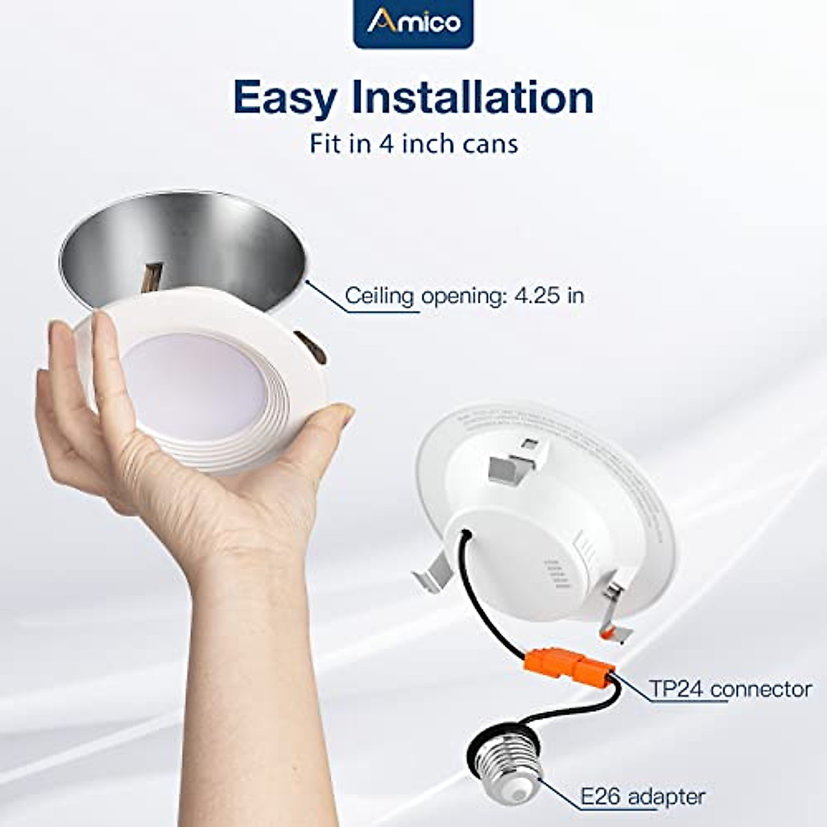 Amico 4 inch 5CCT LED Recessed Lighting 12 Pack, Dimmable, Damp Rated, 9W=60W, 650LM Can Lights with Baffle Trim, 2700K/3000K/4000K/5000K/6000K Selectable, Retrofit Installation - ETL & FCC Certified