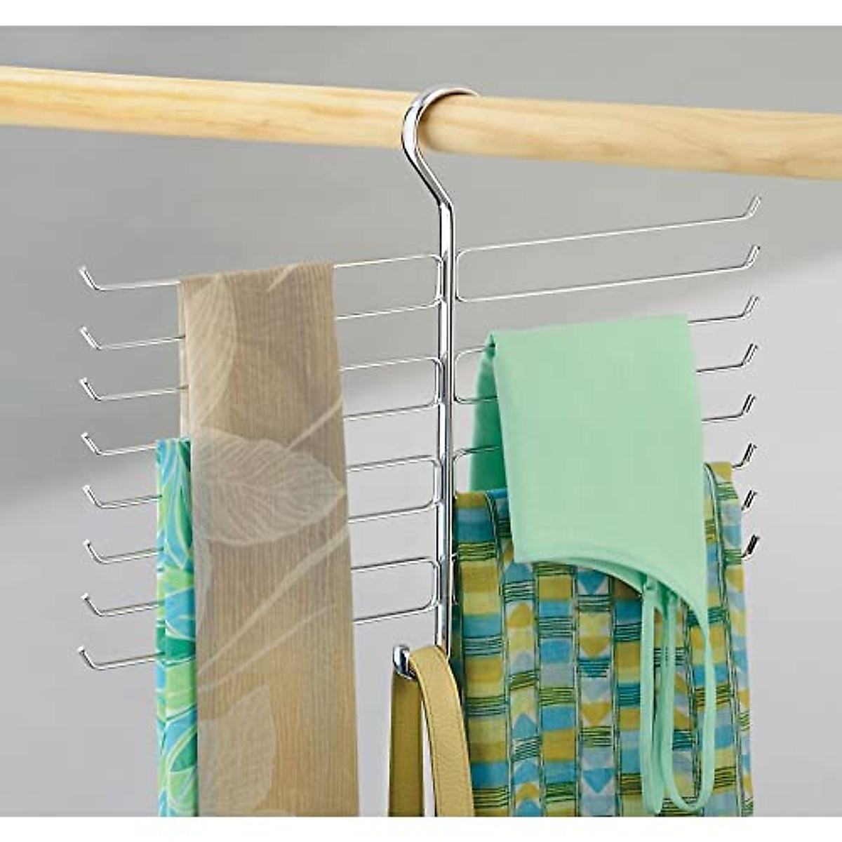 mDesign Metal Closet Rod Hanging Accessory Storage Organizer Rack for Scarves, Ties, Yoga Pants, Leggings, Tank Tops - Snag Free, Geometric Design, 16 Arms/1 Hook - Spira Collection - Chrome