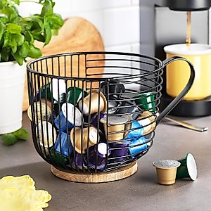 Coffee Pod Holder - Large Capacity Black Wire Kup Storage with Wooden Base - Modern Coffee Basket Decor for Kitchen Countertop for Pods & Espresso Capsules
