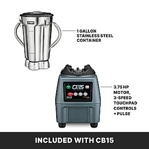 Waring Commercial CB15 Ultra Heavy Duty 3.75 HP Blender, Electric Touchpad Controls with Stainless Steel 1 Gallon Container, 120V, 5-15 Phase Plug