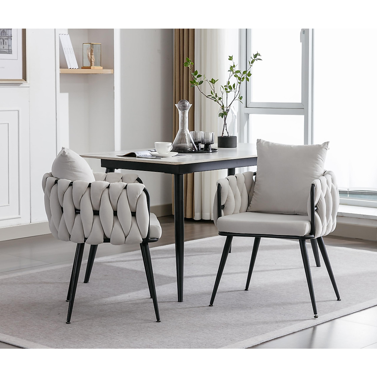 INMOZATA Dining Chairs Set of 2, Modern Woven Dining Room Chairs, Upholstered Kitchen Chairs, Velvet Dining Chair with Black Metal Legs,Ivory