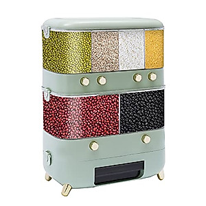 Eapmic Rice Dispenser with Cup,Wall-Mounted 6 Grid Dry Food Dispenser Rice Bucket Grains Storage Container Cereal Dispenser for Home and Kitchen (6Grid,2 Layers,Light Green)