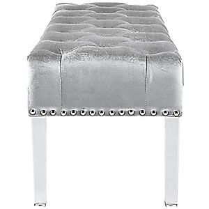 Roundhill Furniture Valley Button Tufted Velvet Upholstered Bench with Acrylic Leg, Grey