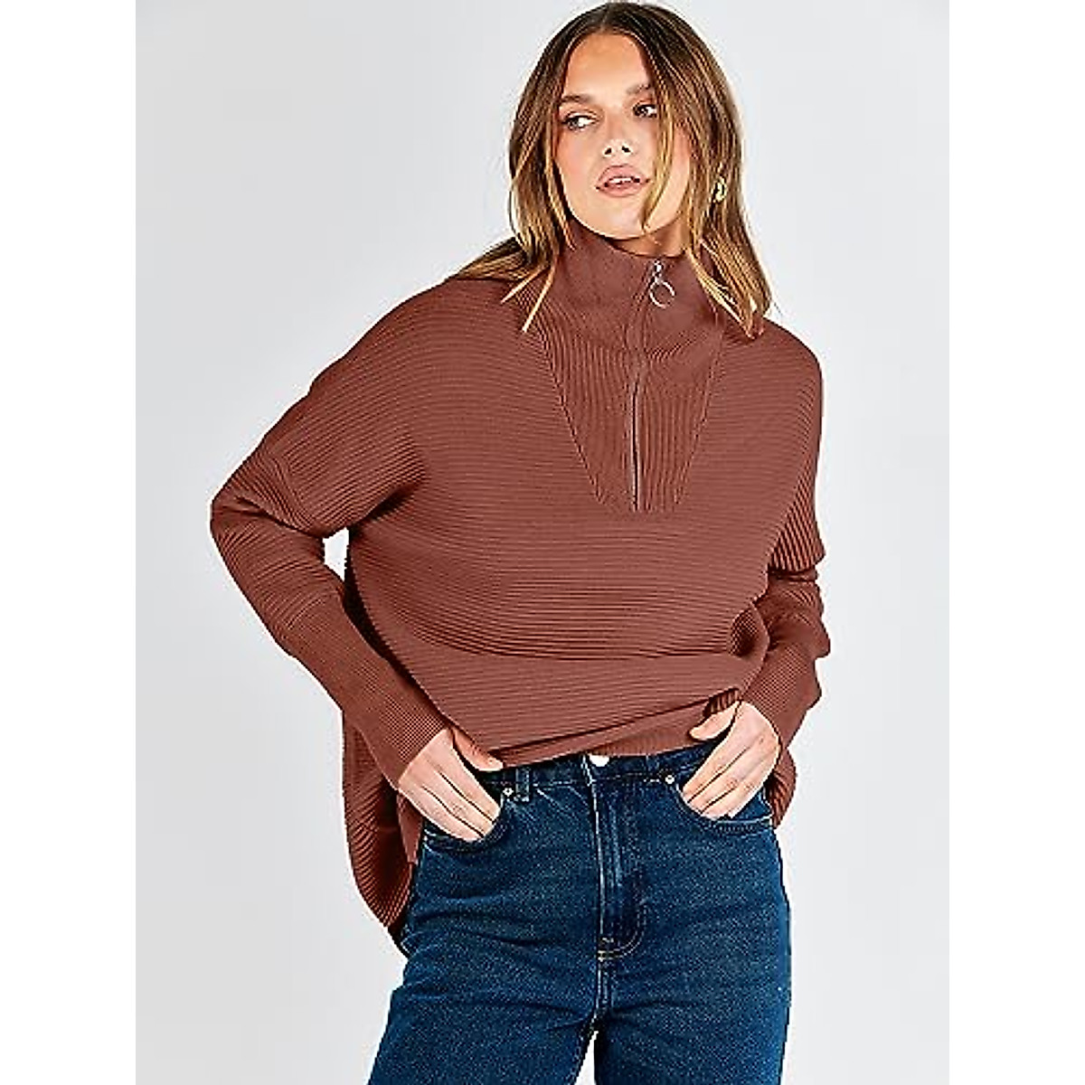 ANRABESS Oversized Sweater for Women Quarter Zip Pullover Casual Long Sleeve Half Zip Collared Lapel V Neck Baggy Slouchy Knitted Tunic Jumper Clothes 2023 Fall 802xiuhong-M Rust