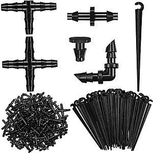 Irrigation Fittings Kit Drip Irrigation Connectors Include 80 Straight Barbs 60 Tees 20 Elbow 20 End Plug 20 4-Way Coupling and 100 Irrigation Support Stakes Hose Holder for 1/4 Inch Tubing 300 Piece