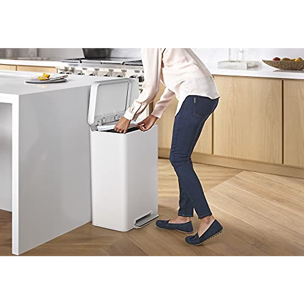 KOHLER K-20940-STW Kitchen Trash Can, 13 Gallon Step Trash Can with Quiet-Close Lid and Hand Free Foot Pedal in White Stainless Steel