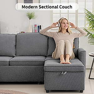 L Shaped Sectional Sofa with Pull Out Bed, Premium Modern Linen Modular Sectional Sofa, Large Slim Sofa Convertible Sleeper Couch Bed, Certified Large 5 Seat Sectional Couch for Living Room, Gray