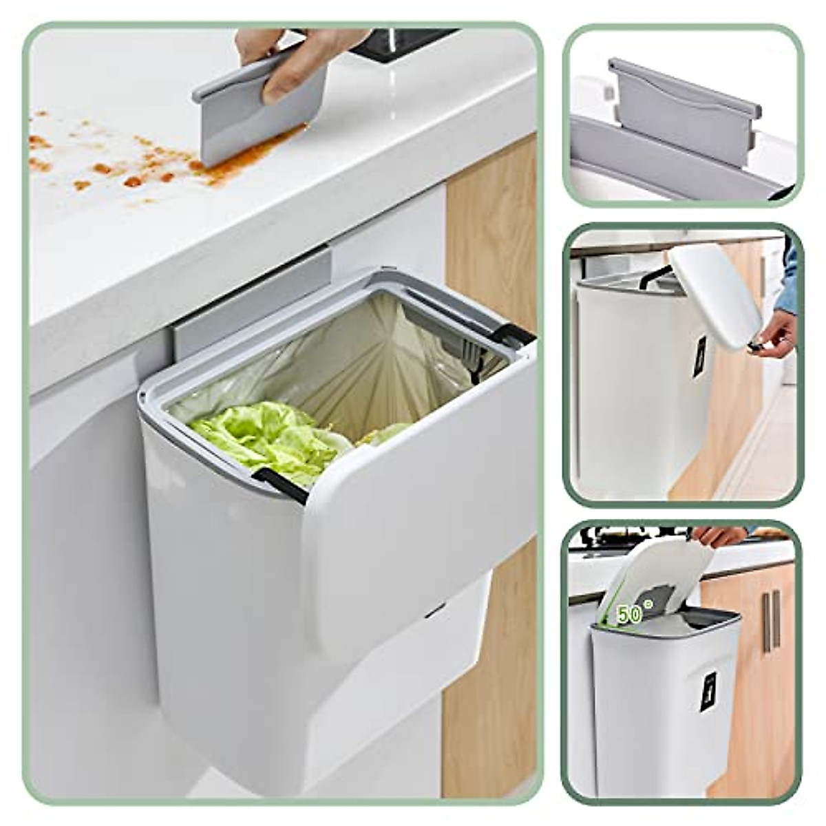 PILITO Kitchen Cabinet Door Hanging Trash Can with Lid, 2.4 Gal, Small Under Sink Garbage Can for Restroom, Bathroom, RV Kitchen Trash Bin, Wall Mounted Counter Waste Compost Bin, Plastic (Grey)