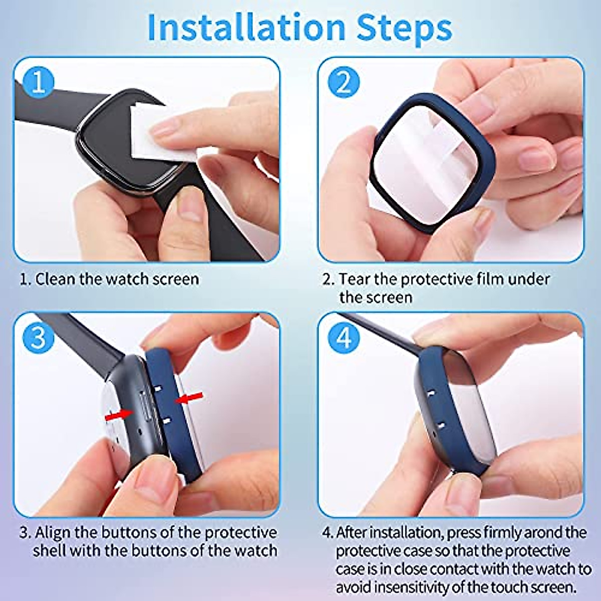 NANW 4-Pack Hard PC Screen Protector Compatible with Fitbit Versa 3/Sense, Built in 9H Tempered Glass Case, Full Coverage Protective Bumper, Sensitive Cover for Versa 3 /Sense Smartwatch Only