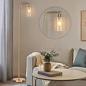 QiMH Industrial Floor Lamp for Living Room, Modern Standing Lamp with HD Glass Lampshade and Pedal Switch, 67” Tall Pole Light for Bedroom Study Room, Brushed Gold (2700K LED Bulb Included)