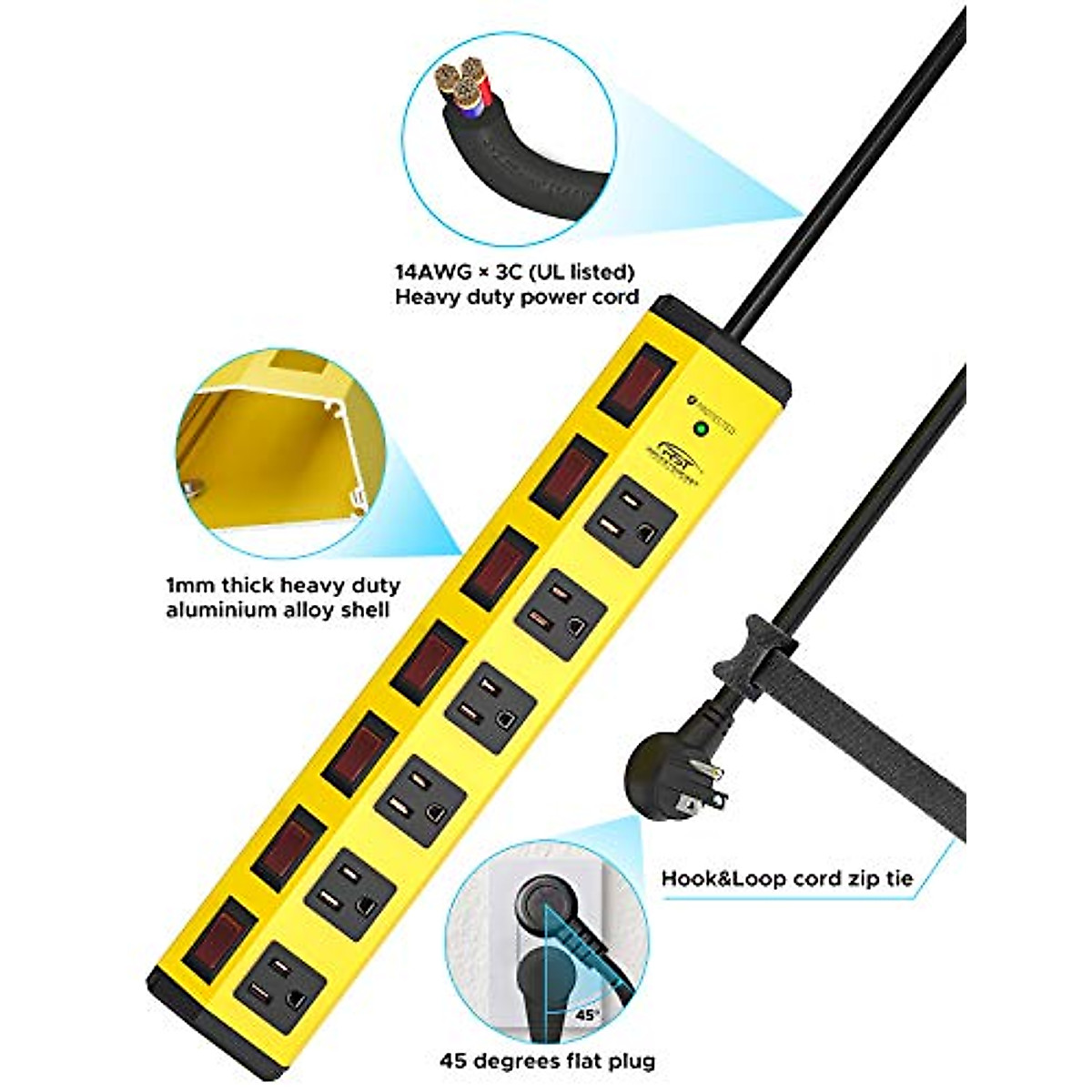 CRST 6-Outlet Heavy Duty Metal Power Strip with Individual Switches and Flat Plug, 15AMP/1875W Surge Protector (1200 Joules), 6-Feet 14AWG Cord with Hook and Loop Fastener