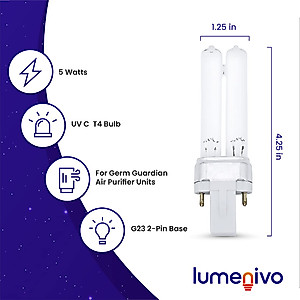 lumenivo LB4000 Replacement UV-C Bulb for Germ Guardian AC4300BPTCA, AC4825, AC4850PT & AC4900CA 5 Watt T4 Germicidal UVC Bulb Lamp Replacement with G23 2-Pin Base - 2 Pack