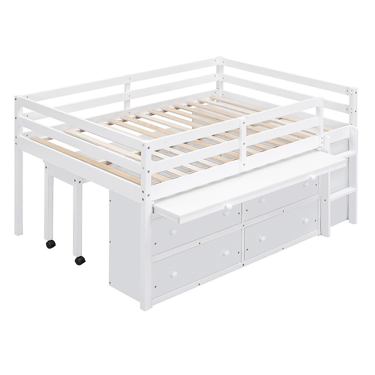 Low Loft Bed with Desk and Storage, Full Size Kids Loft Bed Frame with 4 Drawers and Rolling Portable Desk for Children and Teens, Boys, Girls, White