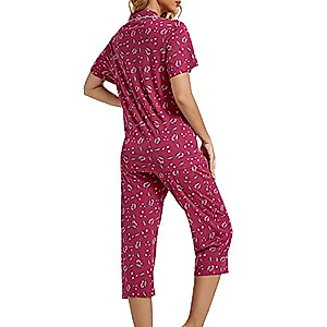 Tugege Capri Pajamas Set Womens Button Down Short Sleeve Lounge Sets Sleepwear Notch Collar Top & Capri 2 Piece PJ Sets (Red Floral, 3X-Large)