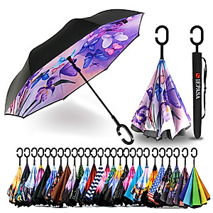 SIEPASA 49/56 Inch Inverted Reverse Upside Down Umbrella, Extra Large Double Canopy Vented Windproof Waterproof Stick Golf Umbrellas with C-shape Handle..(Blue Butterfly, 49 Inch)