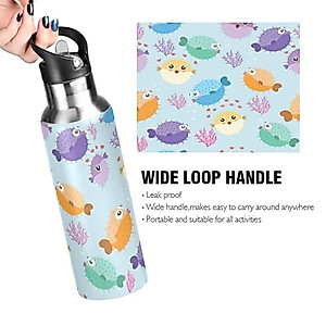 Dussdil Pufferfish Coral Hearts Water Bottle Kid's Vacuum Insulated Tumblers Stainless Steel Cup BPA Free with Handle Straw Lid for Boys Girls Gifts 34 Oz