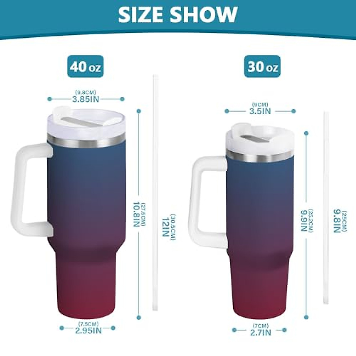 MCHIVER Blue Red Gradient 40 oz Tumbler with Handle and Straw Stainless Steel Vacuum Water Bottle Leak-proof Travel Coffee Mug Insulated Tumbler for Home Car Office