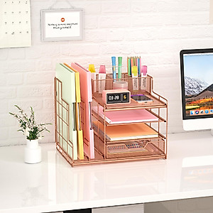 VIVSOL Rose Gold Desk Organizer, Desk Organizers and Office Desk Accessories with Drawer + Vertical File Sorters, Office Supplies for Women, Desk File Organizer Storage for Office, School, Home