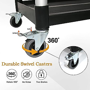 MAYNIYJK Plastic Utility Carts with Wheels, 3-Tier Restaurant Cart, Heavy Duty Rolling Cart Food Service Cart 420LBS, Bus Cart with Lockable Wheels and Rubber Hammer for Warehouse/Kitchen, Black