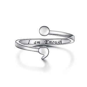 MANBU Sterling Silver Semicolon Ring for Women: I am Enough Keep Going Ring Engraved Inspirational Message Supporting Jewelry Gifts for Daughter Sister (I am enough)