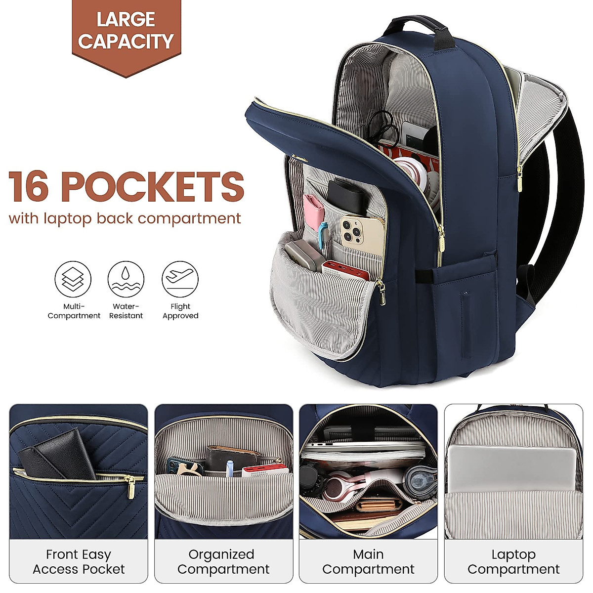 LOVEVOOK Laptop Backpack for Women 15.6 inch,Cute Womens Travel Backpack Purse,Professional Laptop Computer Bag,Waterproof Work Business College Teacher Bags Carry on Backpack with USB Port,Navy Blue