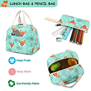 Fuyicat Fox School Backpack Set for Girls, 3-in-1 Kids Teens Elementary Middle School Bags Bookbag with Lunch Bag Pencil Case