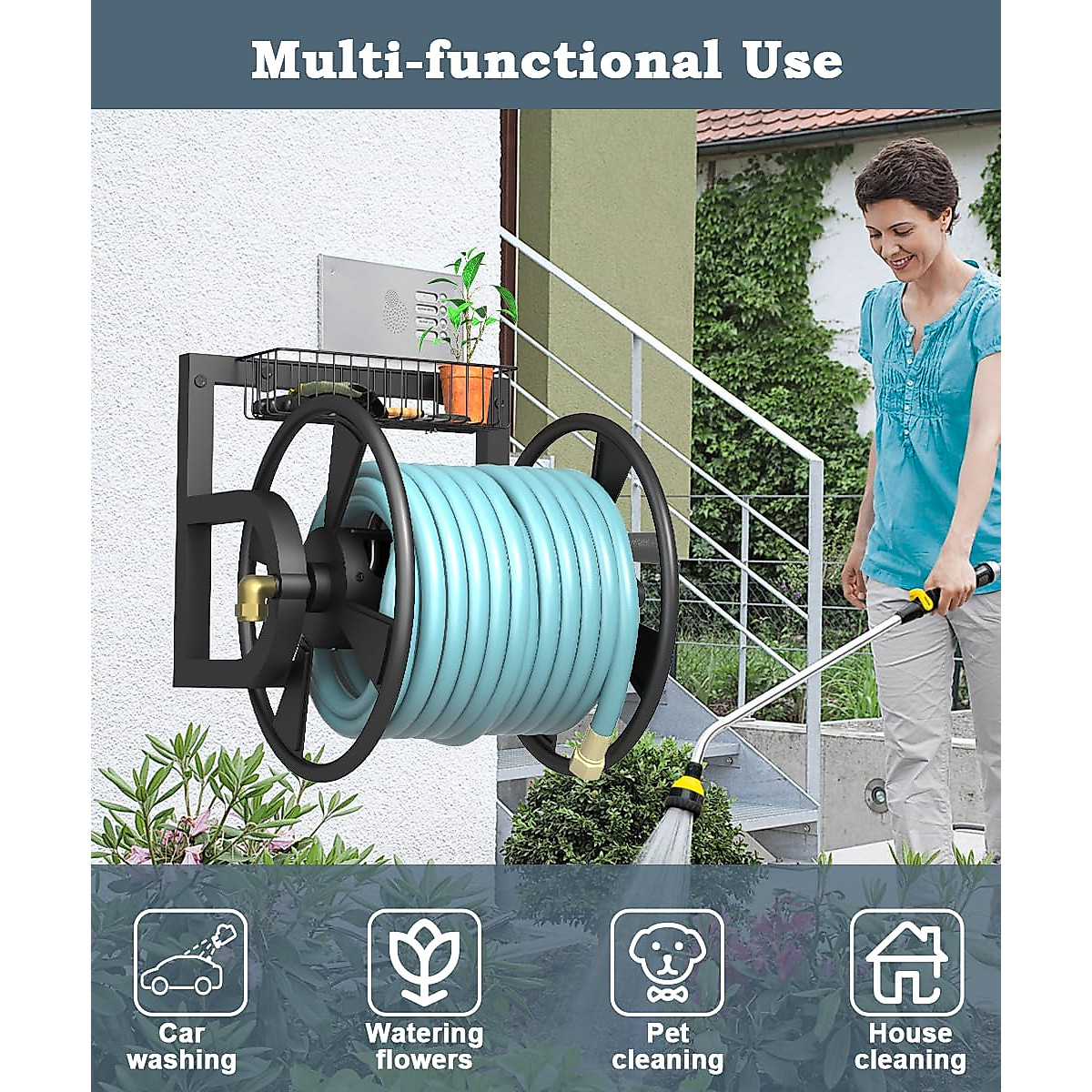 Artigarden Outdoor Garden Hose Reel Wall Mount, Heavy-Duty Water Hose Holder Winder with 3.9 ft Leader Hose, Brass Fitting and Storage Basket for Yard, Holds 125 Feet of 5/8-Inch Hose, Black