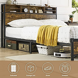 Alohappy Full Size Bed Frame with Bookcase Headboard, Metal Platform Bed Frame Full with Headboard Double Support Legs 13 Metal Slats Support,Easy Assembly Noise Free No Box Spring Needed