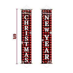 Ivenf Merry Christmas & Happy New Year Decorations, Red Black Buffalo Plaid Banner, 2 Pcs Front Porch Sign Set, Indoor Outdoor Yard Wall Home Decor