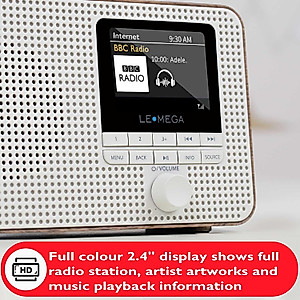 LEMEGA IR1 Portable WiFi Internet Radio,FM Digital Radio,Bluetooth Speaker,Dual Alarms Clock,Sleep Snooze Timer,40 Presets, Headphone-Output,Colour Display,Batteries or Mains Powered – Walnut Finish