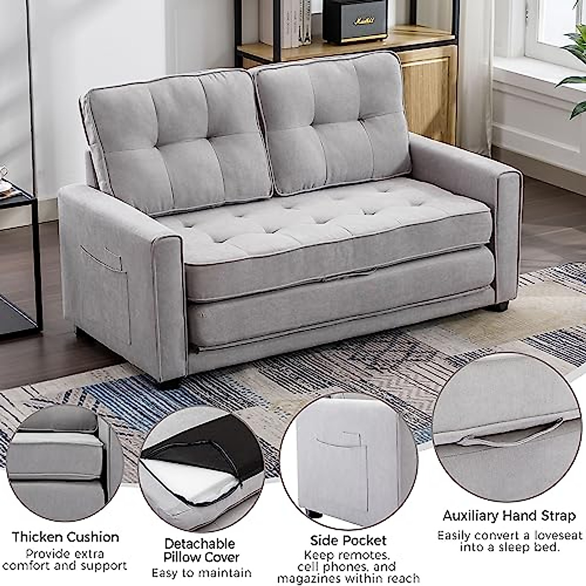 3 Fold Upholstered Futon Sofa Convertible Floor Sofabed ,Foldable Tufted Loveseat with Pull Out Sleeper Couch Bed, Space Saving Love Seat Daybed W/Side Pockets for Apartment Office Home Living Room