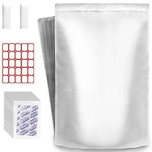 15 Pcs 5 Gallon Mylar Bags for Food Storage, 10.5 Mil Mylar Bags with Oxygen Absorbers 2000cc (15 Single Sealed), Stand-Up Zipper Resealable Bags & Heat Sealable Food Storage Bags + Labels