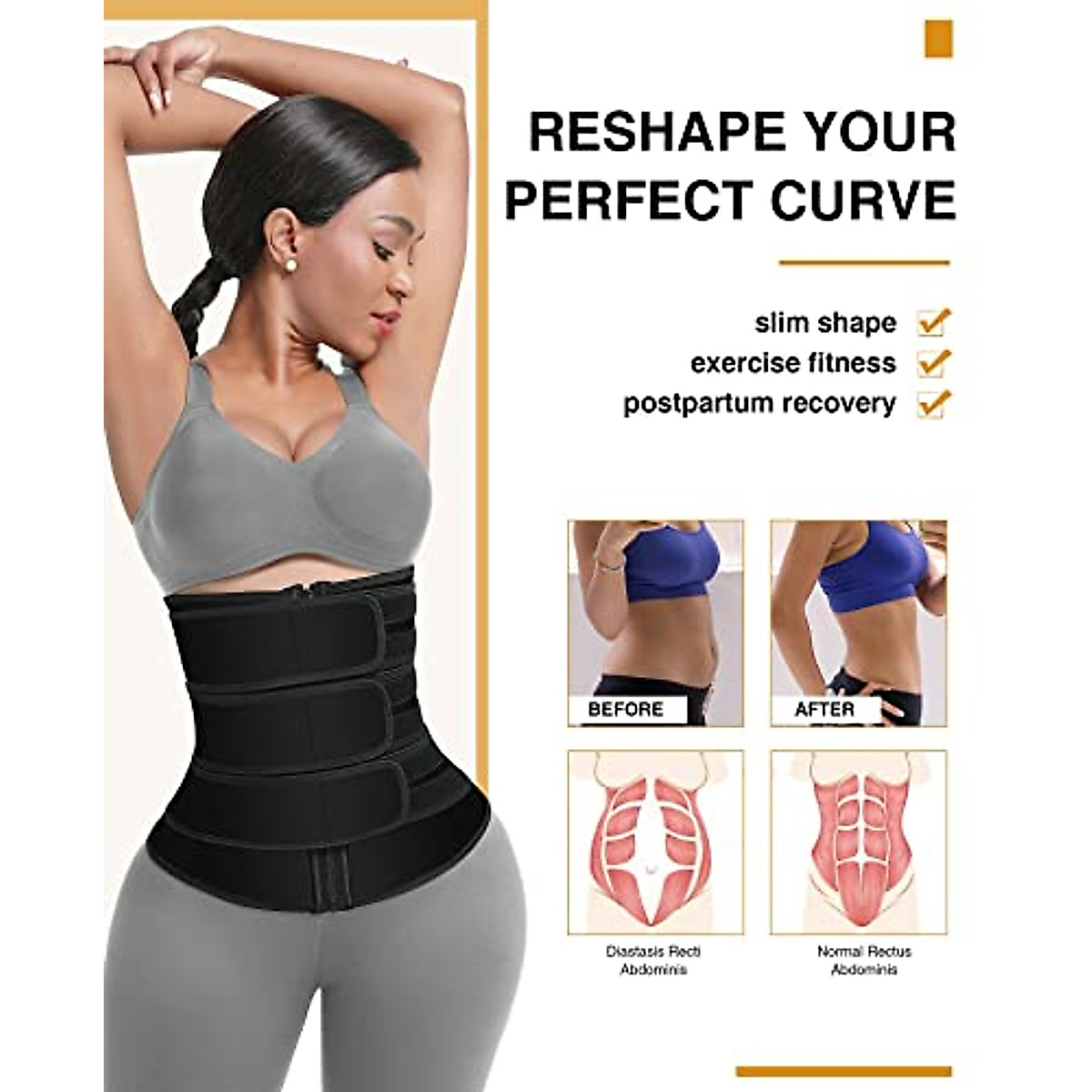 FeelinGirl womens Neoprene Waist Trainer 3 Straps Tummy Control Workout Corset Cincher Long Torso Trimmer Sauna Belt, Black, Medium