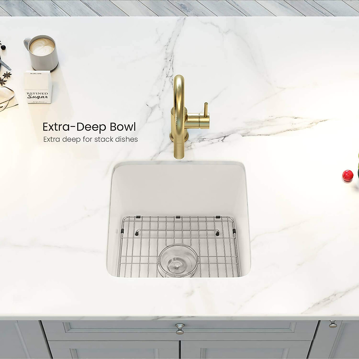 KIBI K2-S18SQ Single Bowl Heat Safe Glazing Fireclay Undermount Kitchen Sink 18 inch with Bottom Grid and Strainer (Cubic series) (White)