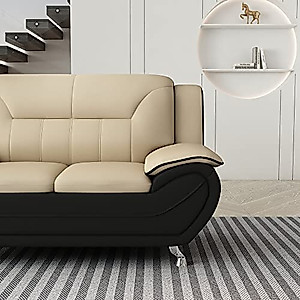 Container Furniture Direct Michael Modern Faux Leather Upholstered Stainless Steel Legs Living Room Loveseat, Camel/Black