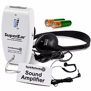 SuperEar Rechargeable Personal Sound Amplifier - 50dB Amplifier with Headphones, Earbuds and Tactile 3 Tone Frequency - Sound Amplifiers for Seniors, Adults and Audiologists - Model SE9000HP (PSAP)