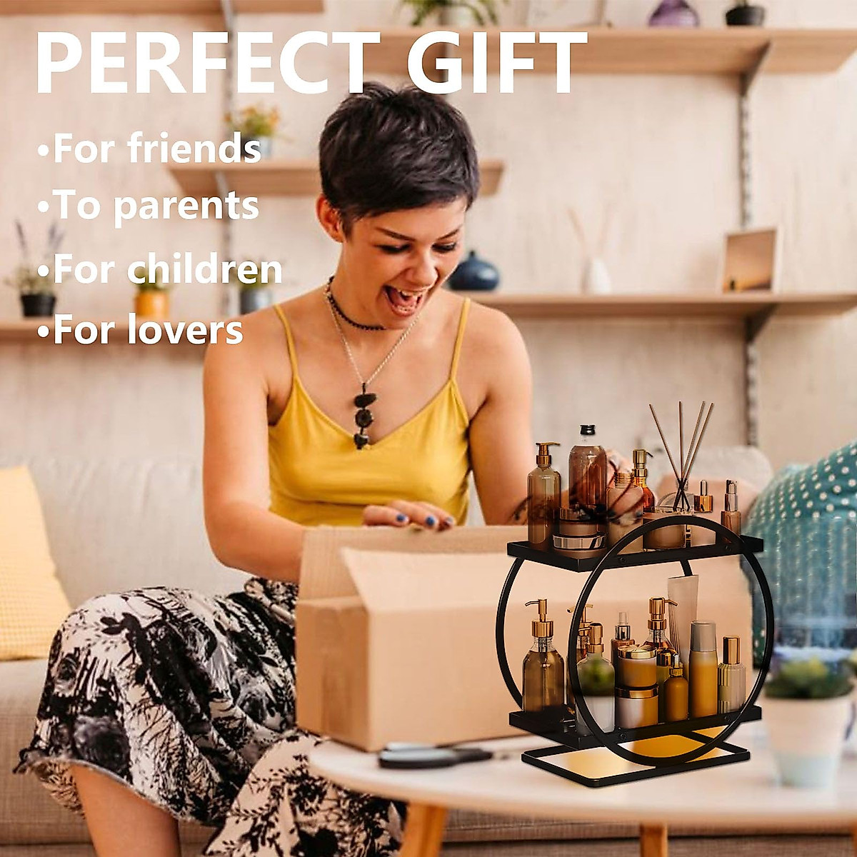 YFUIF 2 Tier Perfume Organizer, Bathroom Organizer Countertop, Dresser Makeup Vanity Skincare Storage Tray Shelf Rack Senior Room Decor Aesthetic Display Accessories (Black Gold)