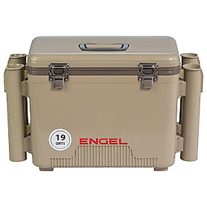 Engel UC19 19qt Leak-Proof, Air Tight, Fishing Drybox Cooler with Built-in Fishing Rod Holders, Also Makes The Perfect Small Hard Shell Lunchbox for Men and Women in Tan