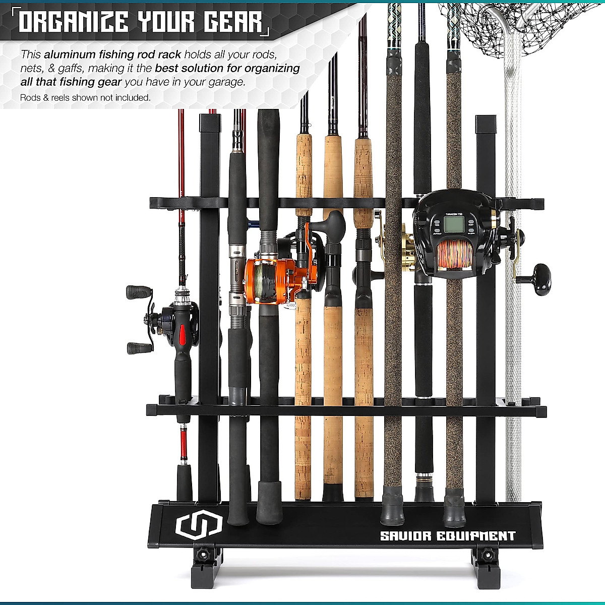 Savior Equipment Fishing Rod Rack Holder Organizer, Lightweight Aluminum Vertical Fish Pole Garage Storage Ground Display Stand, Hold Up to 24 Slots Fresh Salt Water Spinning Rods & Reel Combo, Black