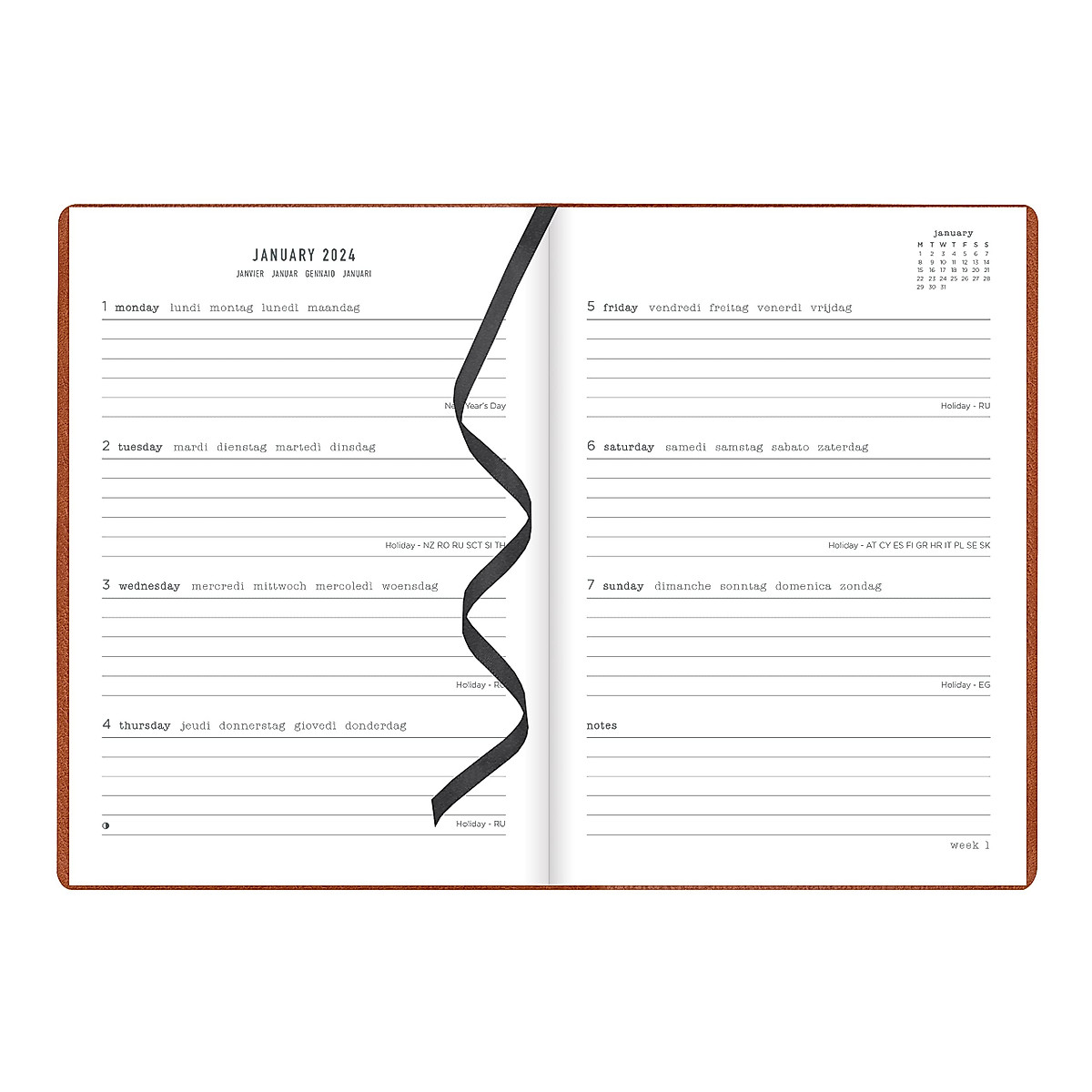 Letts Oslo Weekly/Monthly Planner, 12 Months, January to December, 2024, Sewn Binding, A5 Size, 8.25" x 5.875", Multilingual, Tan (C082334-24)
