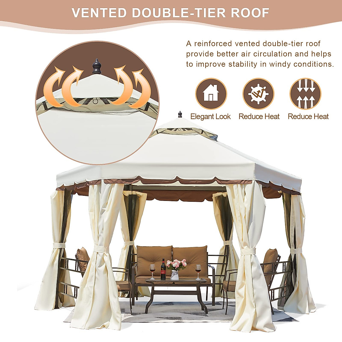 Outdoor Pop up Canopy Tent Gazebo,10x12 Double Roof Outdoor Pergola Tent Steel Frame gazebo curtains outdoor waterproof with Curtains and Mosquito Netting for Patio Garden Backyard Lawn Deck Yard