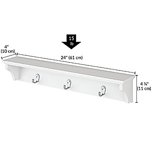 Ballucci Coat Rack with Shelf, 24" Wall Shelf with Hooks, Wood Entryway Organizer Hat and Key Rack with 3 Metal Hooks, White