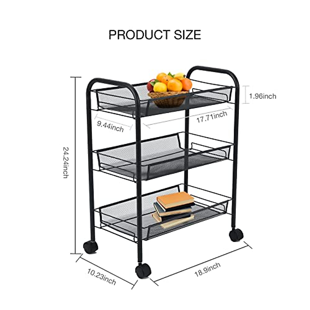 3-Tier Mesh Wire Rolling Cart with Baskets, Christmas Gifts Multifunction Utility Cart Wheels Lockable , Office Bedroom Storage Organizer , Easy Assembly Mesh Trolley Cart , Slide-Out Shelf, Black
